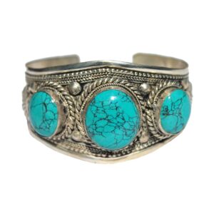 3 Stone Blue Stabilized-Turquoise Adjustable Cuff Bracelet | Ornate Boho Jewelry for Men & Women