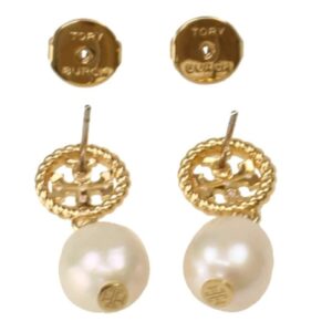 Tory Burch 136616 Tory Gold Tone Pearl Drop Rope Logo Women's Drop Dangle Earrings