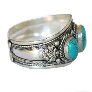 3 Stone Blue Stabilized-Turquoise Adjustable Cuff Bracelet | Ornate Boho Jewelry for Men & Women