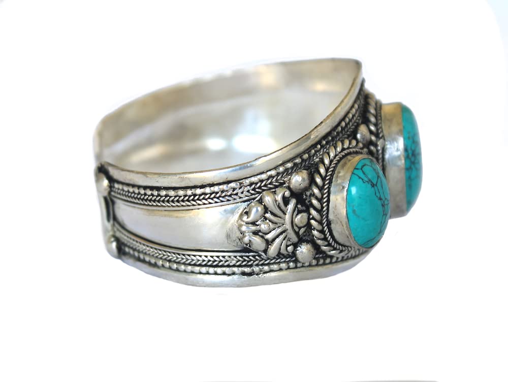 3 Stone Blue Stabilized-Turquoise Adjustable Cuff Bracelet | Ornate Boho Jewelry for Men & Women