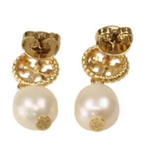 Tory Burch 136616 Tory Gold Tone Pearl Drop Rope Logo Women's Drop Dangle Earrings