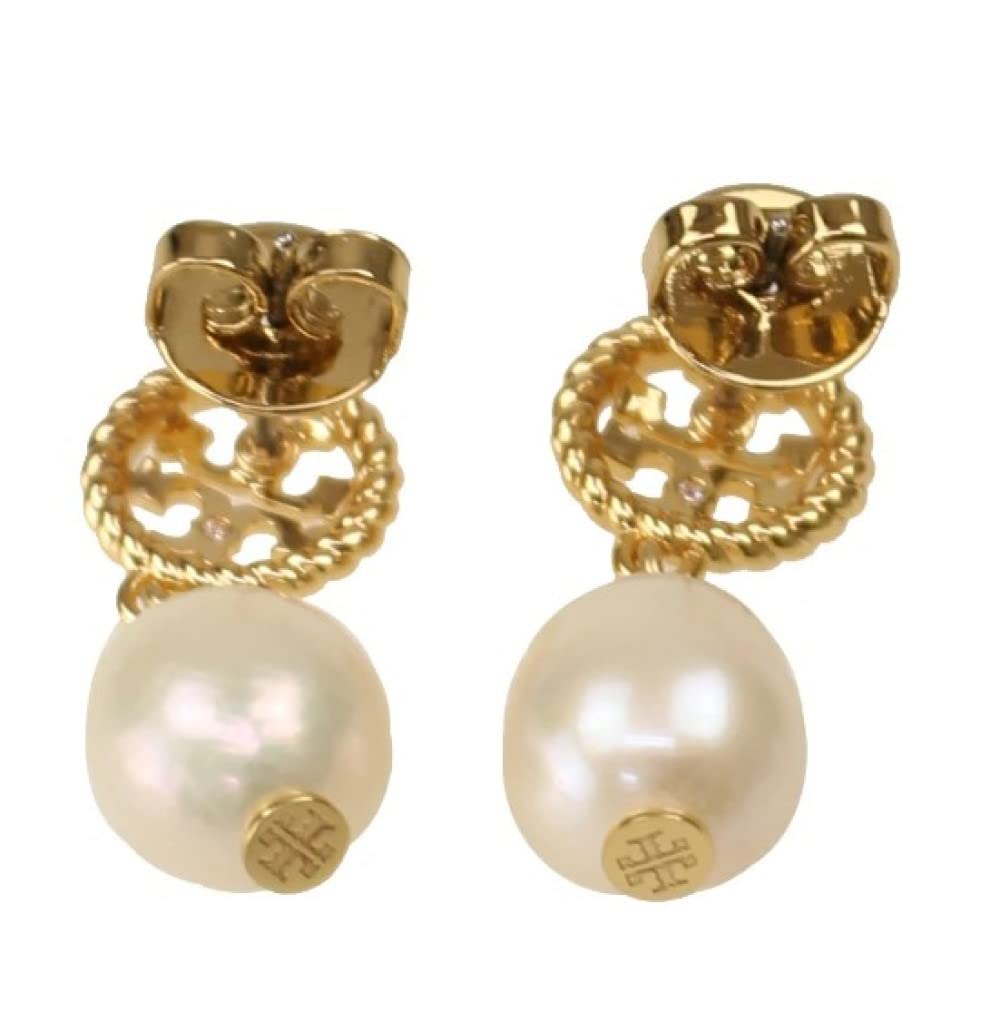 Tory Burch 136616 Tory Gold Tone Pearl Drop Rope Logo Women's Drop Dangle Earrings