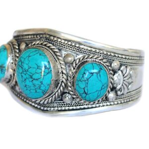 3 Stone Blue Stabilized-Turquoise Adjustable Cuff Bracelet | Ornate Boho Jewelry for Men & Women