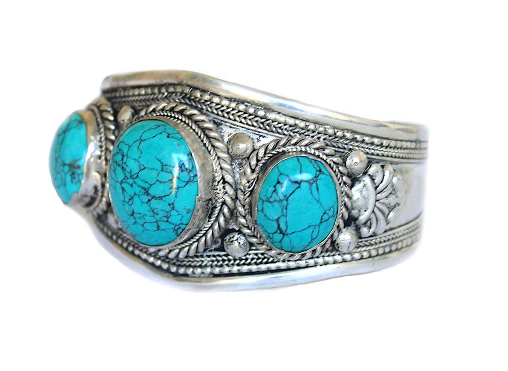 3 Stone Blue Stabilized-Turquoise Adjustable Cuff Bracelet | Ornate Boho Jewelry for Men & Women