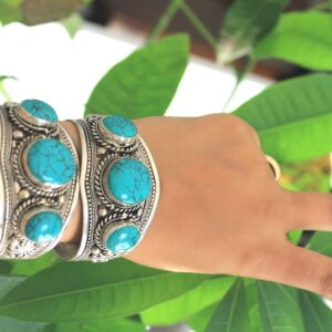 3 Stone Blue Stabilized-Turquoise Adjustable Cuff Bracelet | Ornate Boho Jewelry for Men & Women