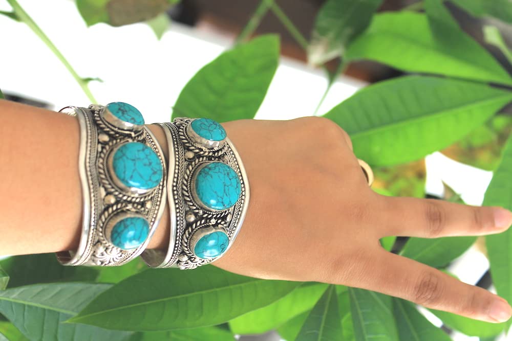 3 Stone Blue Stabilized-Turquoise Adjustable Cuff Bracelet | Ornate Boho Jewelry for Men & Women