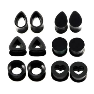 aienid 12pcs silicone ear gauges 0g, dangle gauges black plugs and tunnels set gauge sets ears multi shape hoop