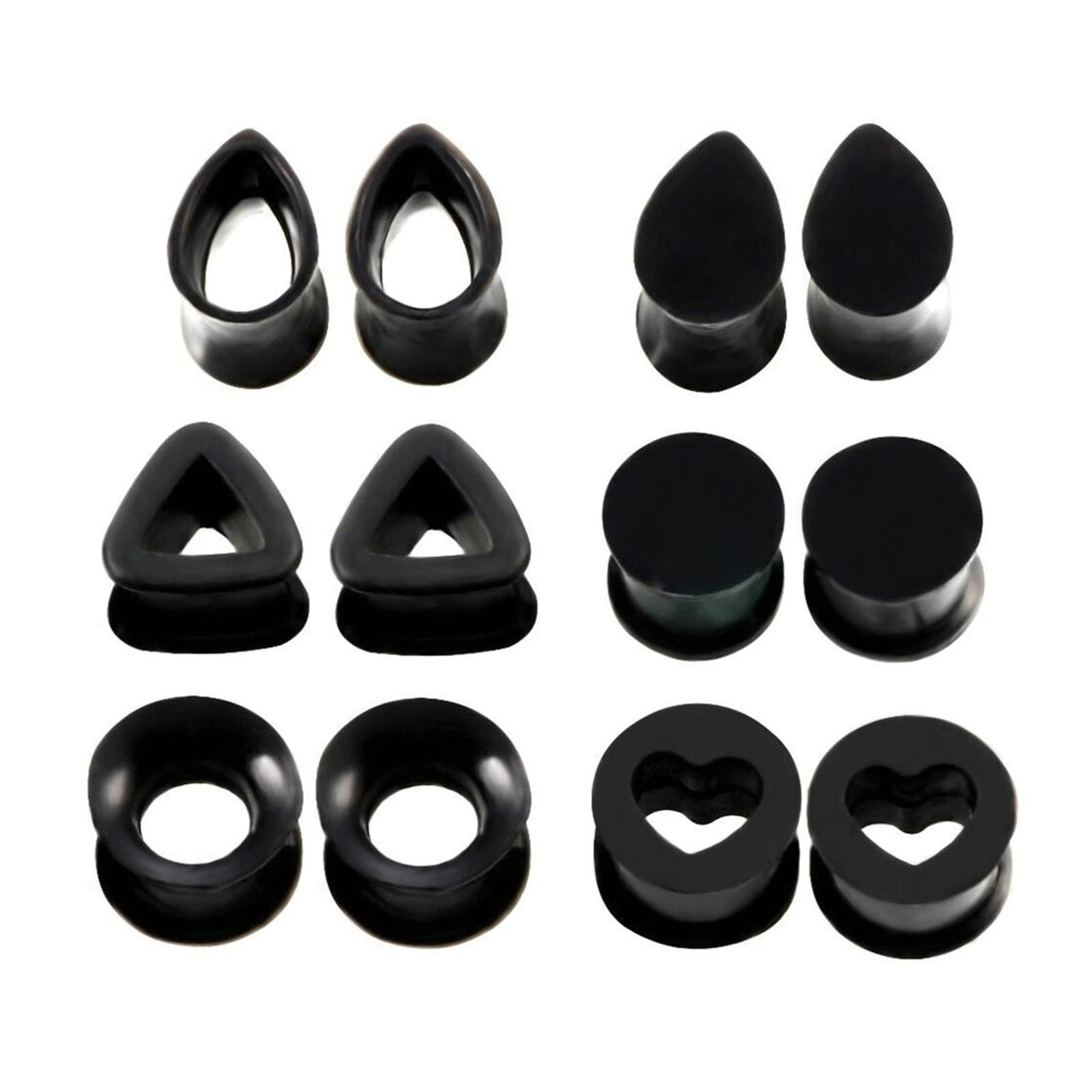 Aienid 12Pcs Silicone Ear Gauges 0G, Dangle Gauges Black Plugs and Tunnels Set Gauge Sets Ears Multi Shape Hoop