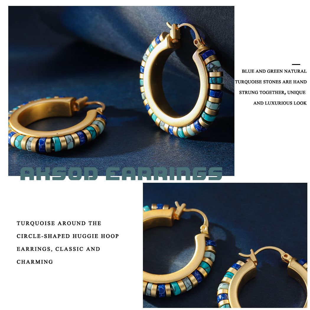 Aksod Turquoise Huggie Hoop Earrings Gold Beaded Circle Huggy Hoops Vintage Trendy Earrings Jewelry for Women