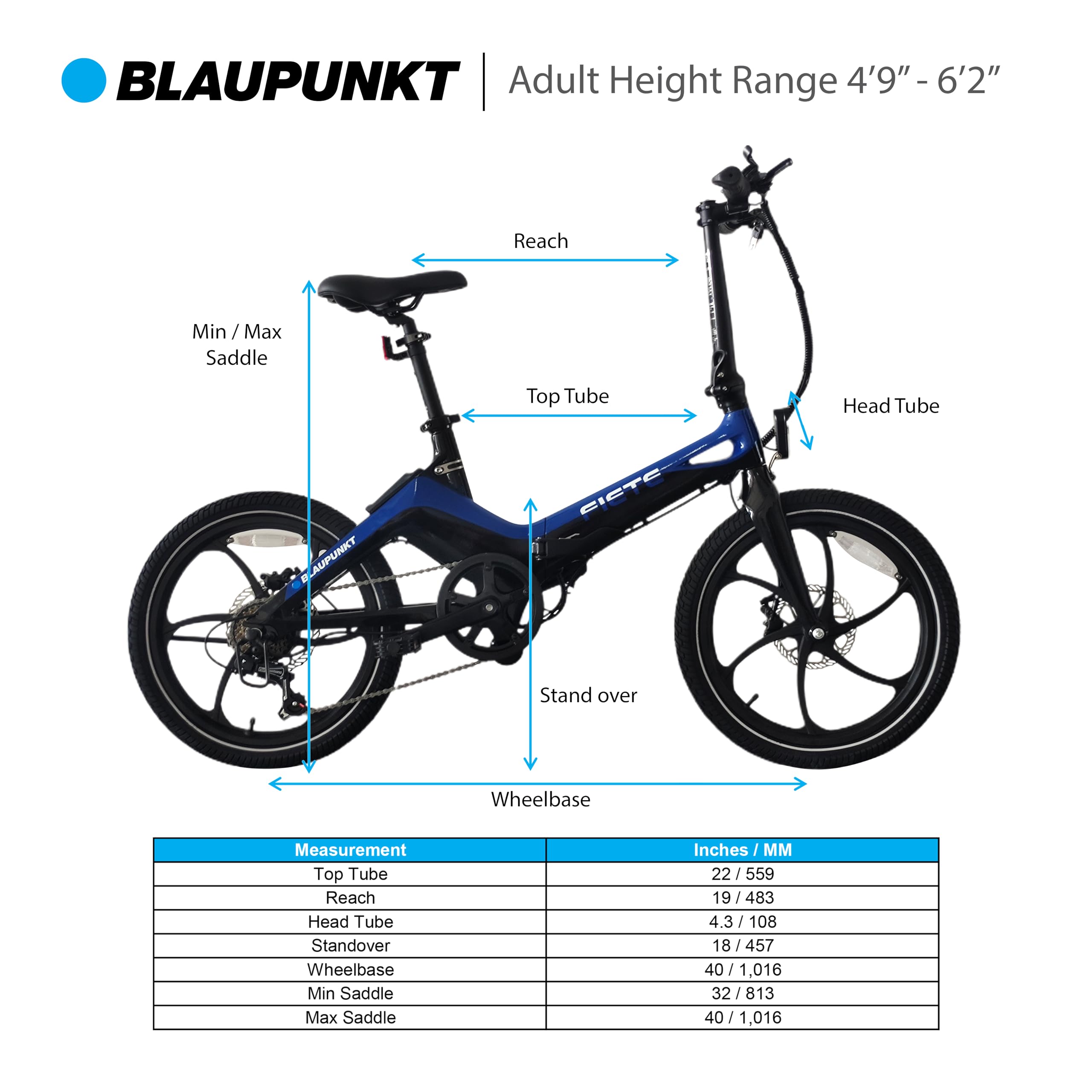 BLAUPUNKT FIETE 20 Inch Folding Electric Bike, Pedal and Throttle Assist, Foldable Step-Through Frame, UL Certified eBike for Adults, Blue/Black