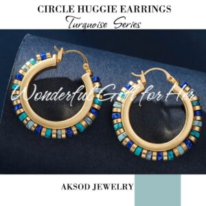 Aksod Turquoise Huggie Hoop Earrings Gold Beaded Circle Huggy Hoops Vintage Trendy Earrings Jewelry for Women