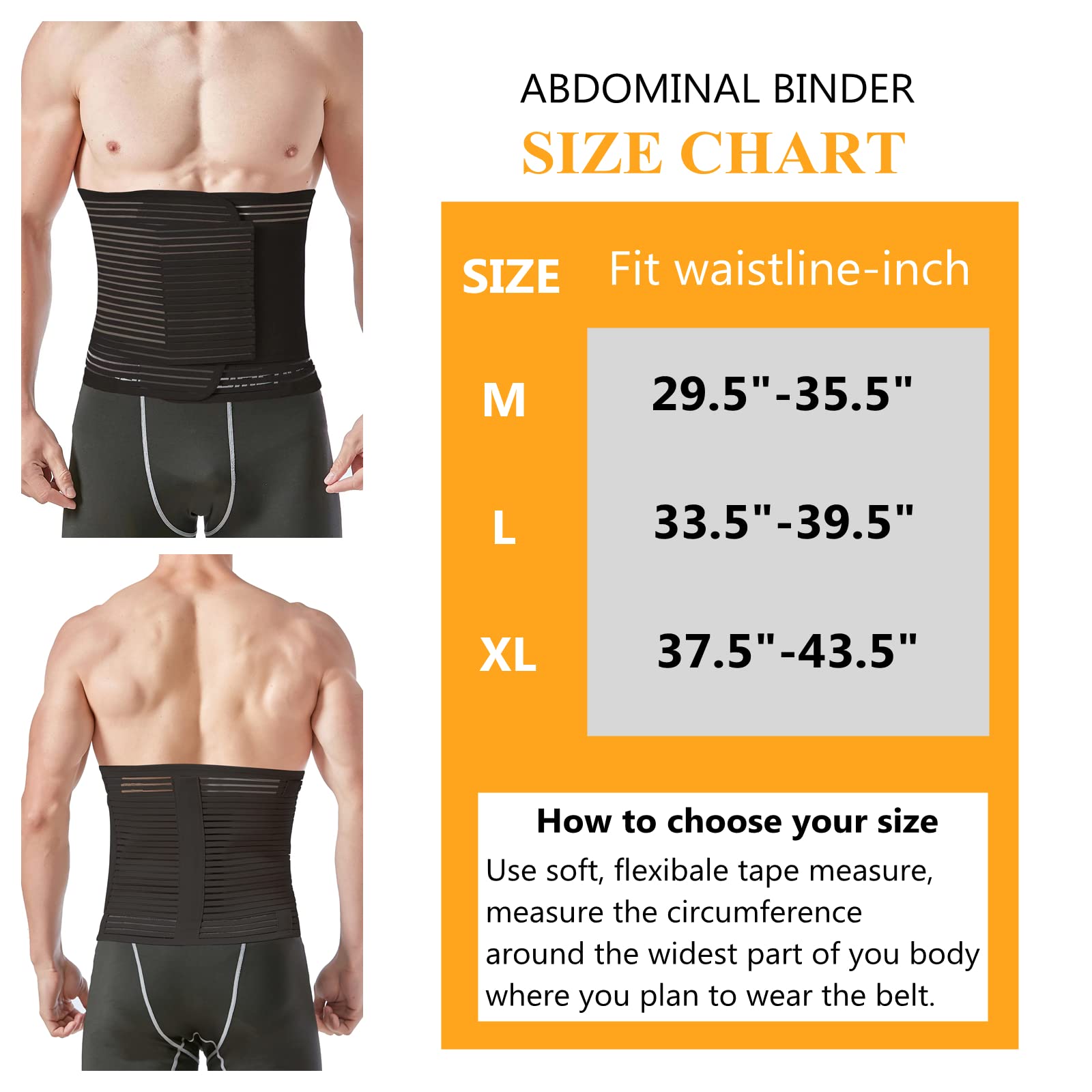 Abdominal Binder for Post Surgery & Postpartum Recovery, Abdomen Hernia Support Belt for Women & Men (Black, X-Large)