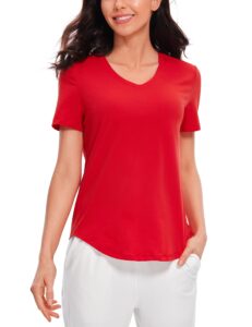 crz yoga womens pima cotton short sleeve shirts v neck t-shirts casual workout tops gym clothes festival red medium