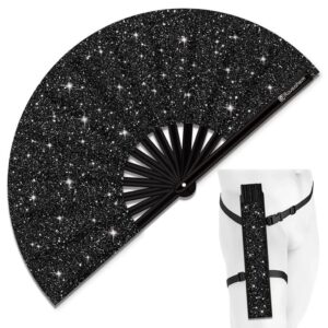 raveahem glitter large rave folding clack hand fan with holster for men/women handheld fan for edm,festival,club,party,dance (blk)