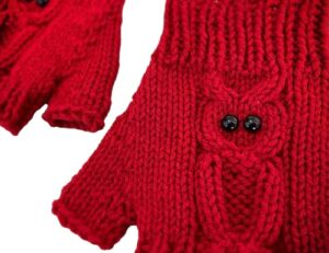 hand knit adult owl fingerless gloves mittens mitts – knitted granny gloves with owls for warm hands – handmade gift for women wife girlfriend – handcrafted hand warmers (small, red)