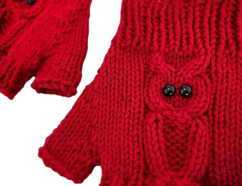 Hand Knit Adult Owl Fingerless Gloves Mittens Mitts – Knitted Granny Gloves with Owls for Warm Hands – Handmade Gift for Women Wife Girlfriend – Handcrafted Hand Warmers (Small, Red)