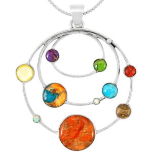 planets solar system gemstone pendant necklace 20" in sterling silver 925 & genuine turquoise (multi necklace - large)