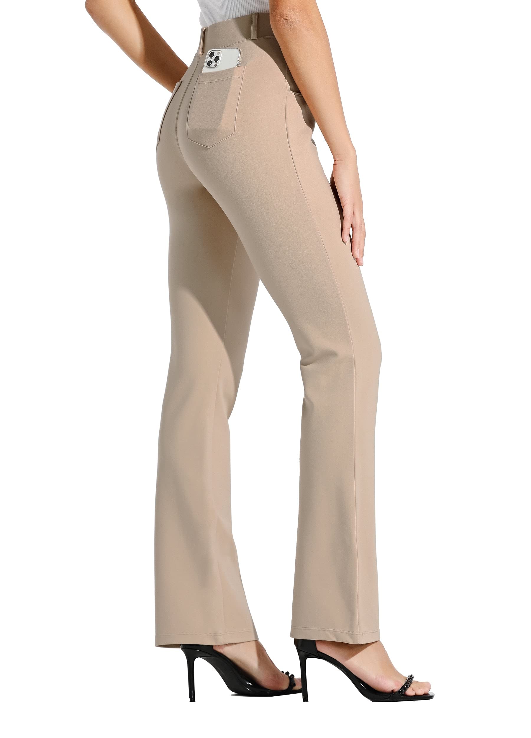 Willit 33" Women's Yoga Dress Pants Bootcut Work Slacks Stretch Office with Belt Loops 4 Pockets Khaki XXL