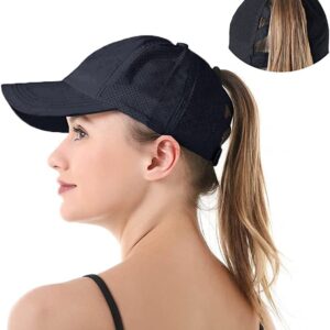 Goiwizz Womens Criss Cross Ponytail Hat Baseball Cap Adjustable High Messy Bun Ponycap Hats Quick Drying Mesh Trucker Hat for Outdoor Sports Travel Navy