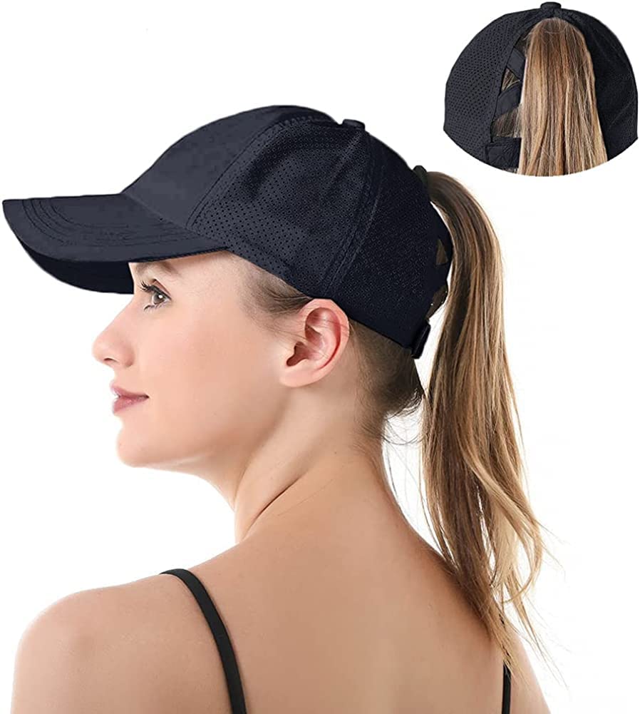 Goiwizz Womens Criss Cross Ponytail Hat Baseball Cap Adjustable High Messy Bun Ponycap Hats Quick Drying Mesh Trucker Hat for Outdoor Sports Travel Navy