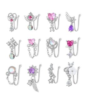 plomfov 12pcs fake nose ring for women dangling nose cuffs faux clip on nose ring for non pierced nose silver