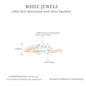 Certified Moissanite Promise Engagement Ring for Women, D-Vs1 Quality, Moissanite 5mm Princess Cut Ring - With Jewelry Box, 14K Yellow Gold, Size:US 7.00