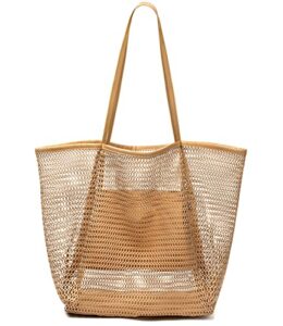 hatisan beach bag mesh tote bag,upgrade beach tote with phone pouch women mesh bag shoulder bag for beach travel vacation (kakhi)