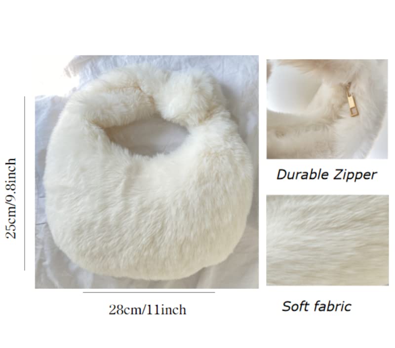 XPONNI Fuzzy Dumpling Bag, Cute Fluffy Bags, Cute Mini Handbags, Faux Fur Bag with Zipper, Soft Knotted Bag (off white)