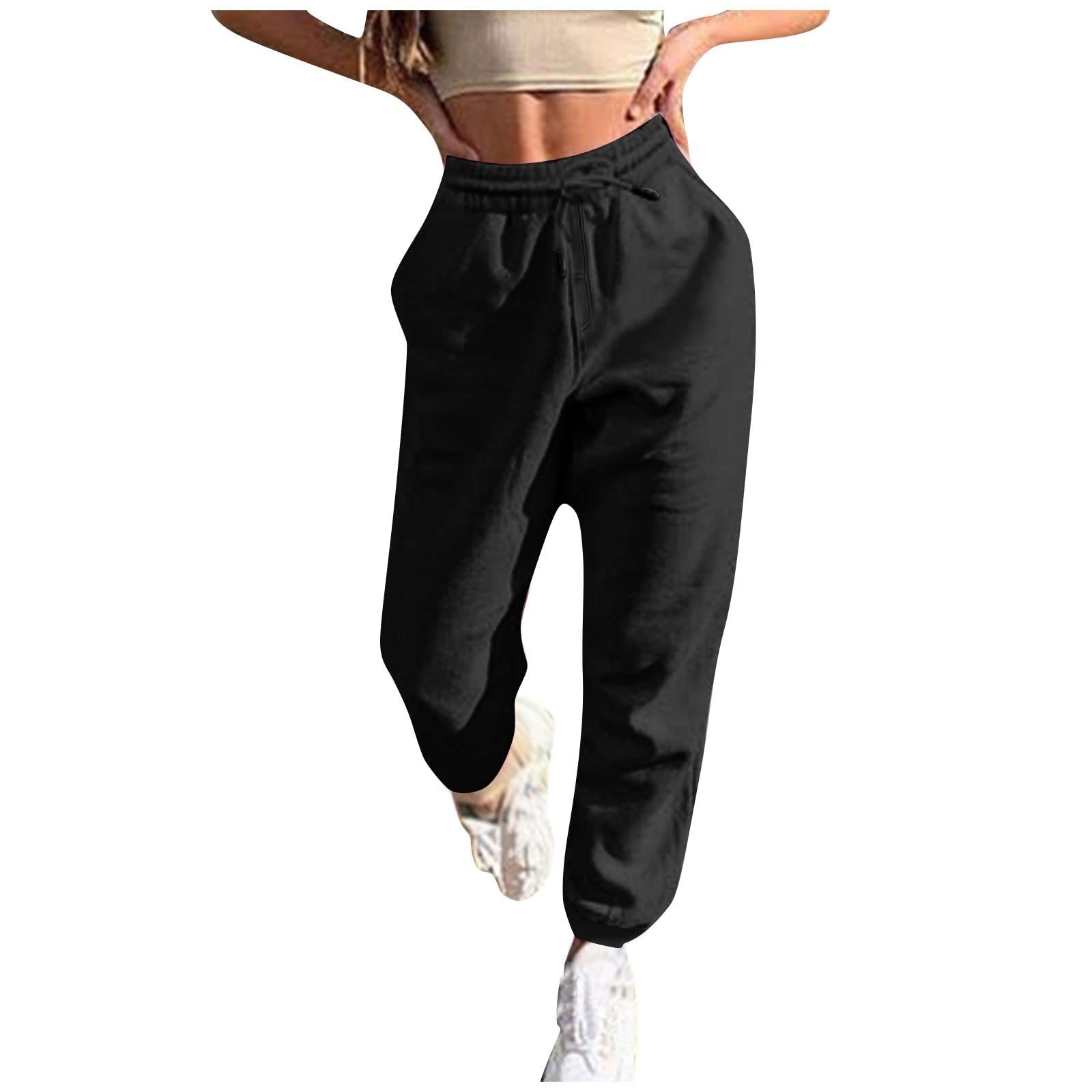 Gumipy Women's Joggers Pants with Pockets Loose Fit Tapered Fleece Sweat Pants Drawstring Lounge Trousers with Pockets B-Black