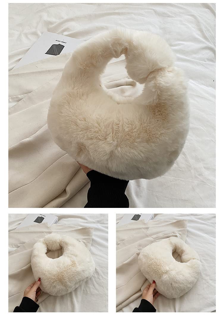 XPONNI Fuzzy Dumpling Bag, Cute Fluffy Bags, Cute Mini Handbags, Faux Fur Bag with Zipper, Soft Knotted Bag (off white)