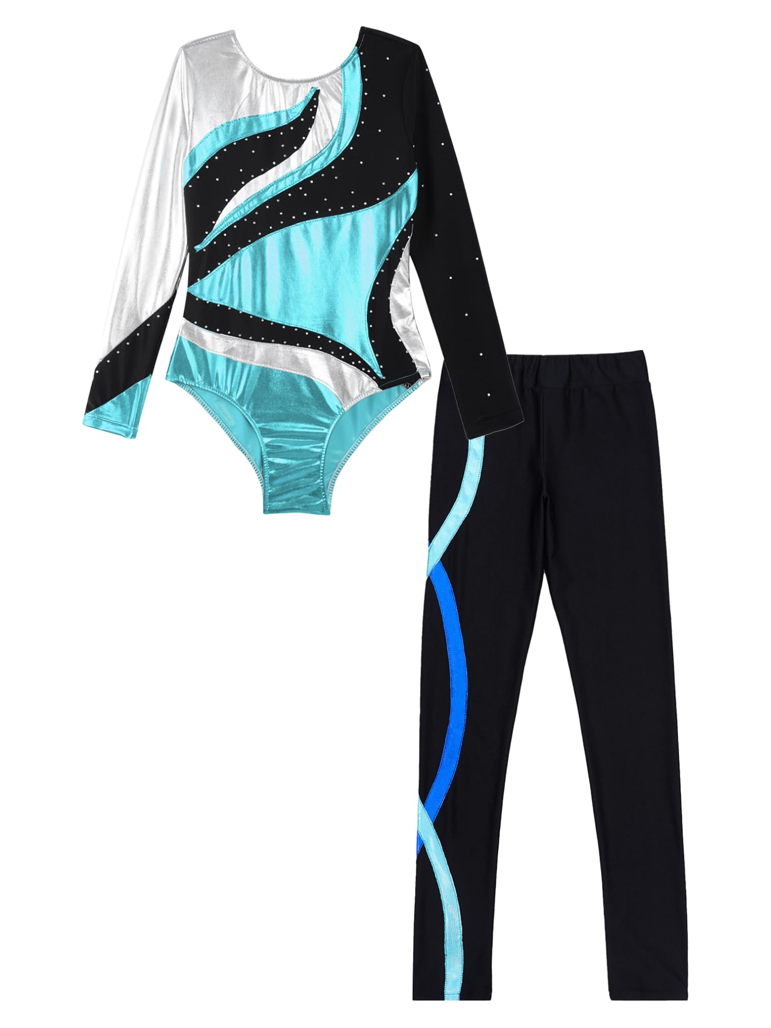 JEATHA Kids Girls Skating Dance Outfits Long Sleeve Gymnastics Leotard with Yoga Leggings Pants Set Activewear Blue A 12 Years