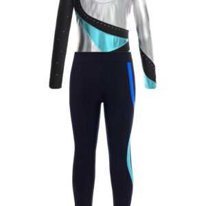 JEATHA Kids Girls Skating Dance Outfits Long Sleeve Gymnastics Leotard with Yoga Leggings Pants Set Activewear Blue A 12 Years