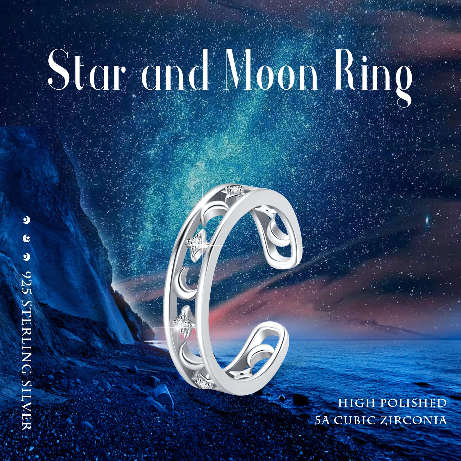 TUGHRA Moon Star Rings Dainty CZ Ring Gift for Her 925 Sterling Silver Open Adjustable Statement Rings Jewelry Gift for Women Teen Wife Birthday Present 8#