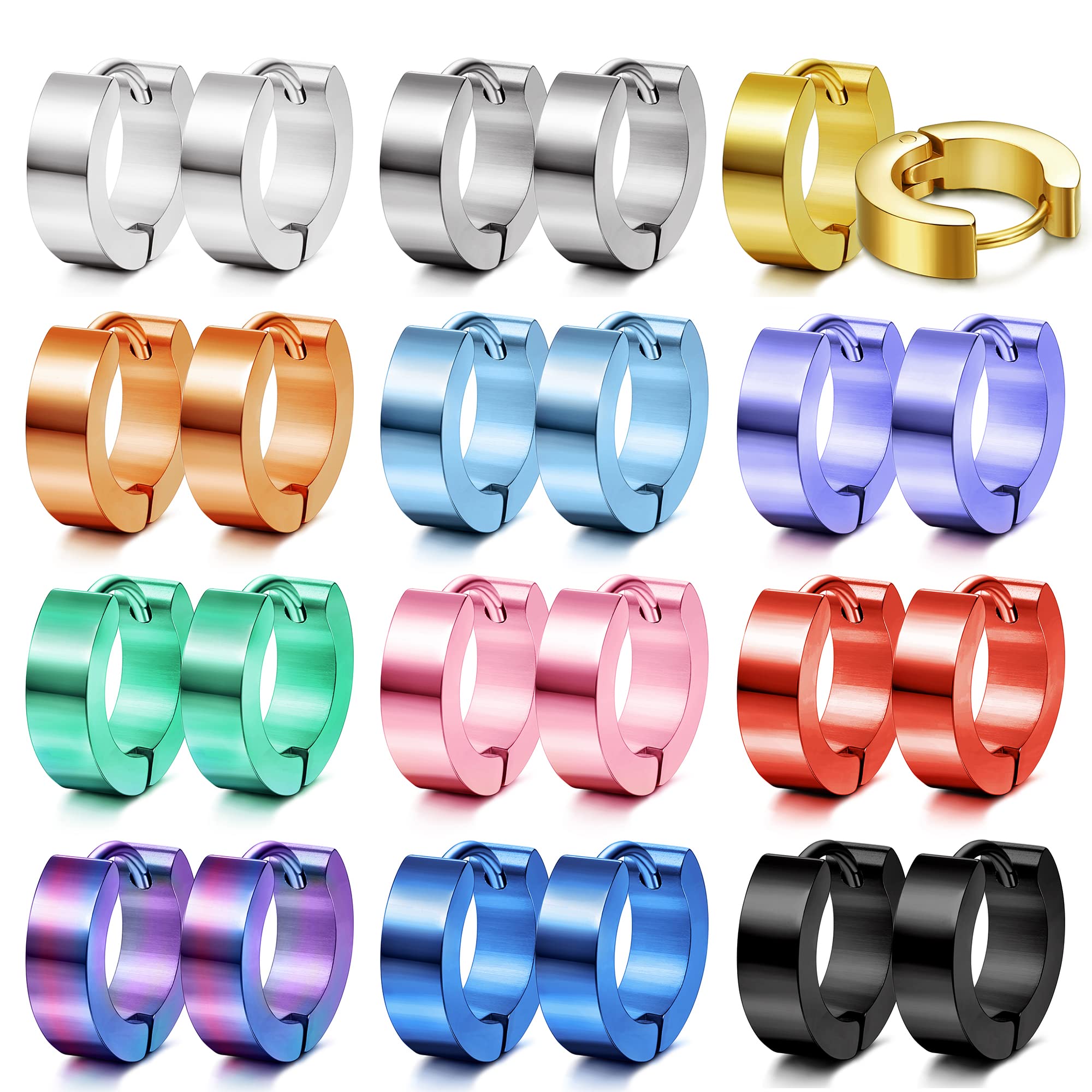 ORAZIO 12 Pairs Stainless Steel Small Hoop Earrings for Women Colorful Mens Earrings Hoop Hinged Huggie Hoop Earrings Piercing Set