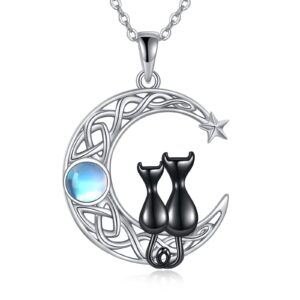 vonala celtic moon cat necklace for women sterling silver 2 black cat jewelry women two cat necklace for cat lovers