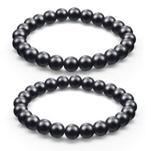 hicarer 2 pieces shungite bracelet black shungite beads crystal stretchy stones bracelets energy jewelry powerful defender spiritual healing chakra balance for men women(6 mm)