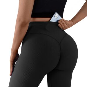 RXRXCOCO Ribbed Butt Lifting Leggings for Women Booty Gym Leggings High Waisted Workout Yoga Pants Black, Small