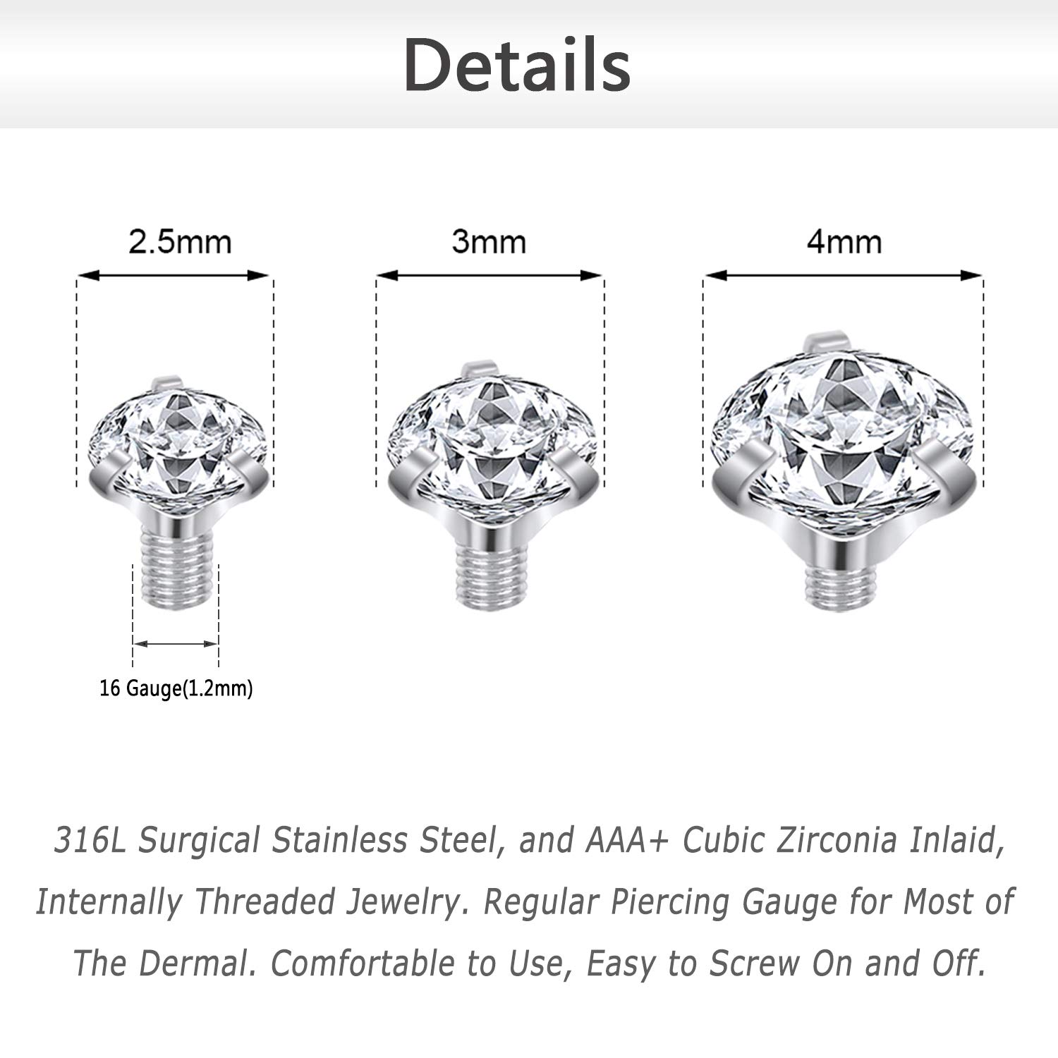 ZS 14-15Pcs Stainless Steel Dermal Piercing Jewelry 16G Diamond CZ Dermal Anchor Tops Skin Microdermal Piercing Jewelry for Men Women (B)