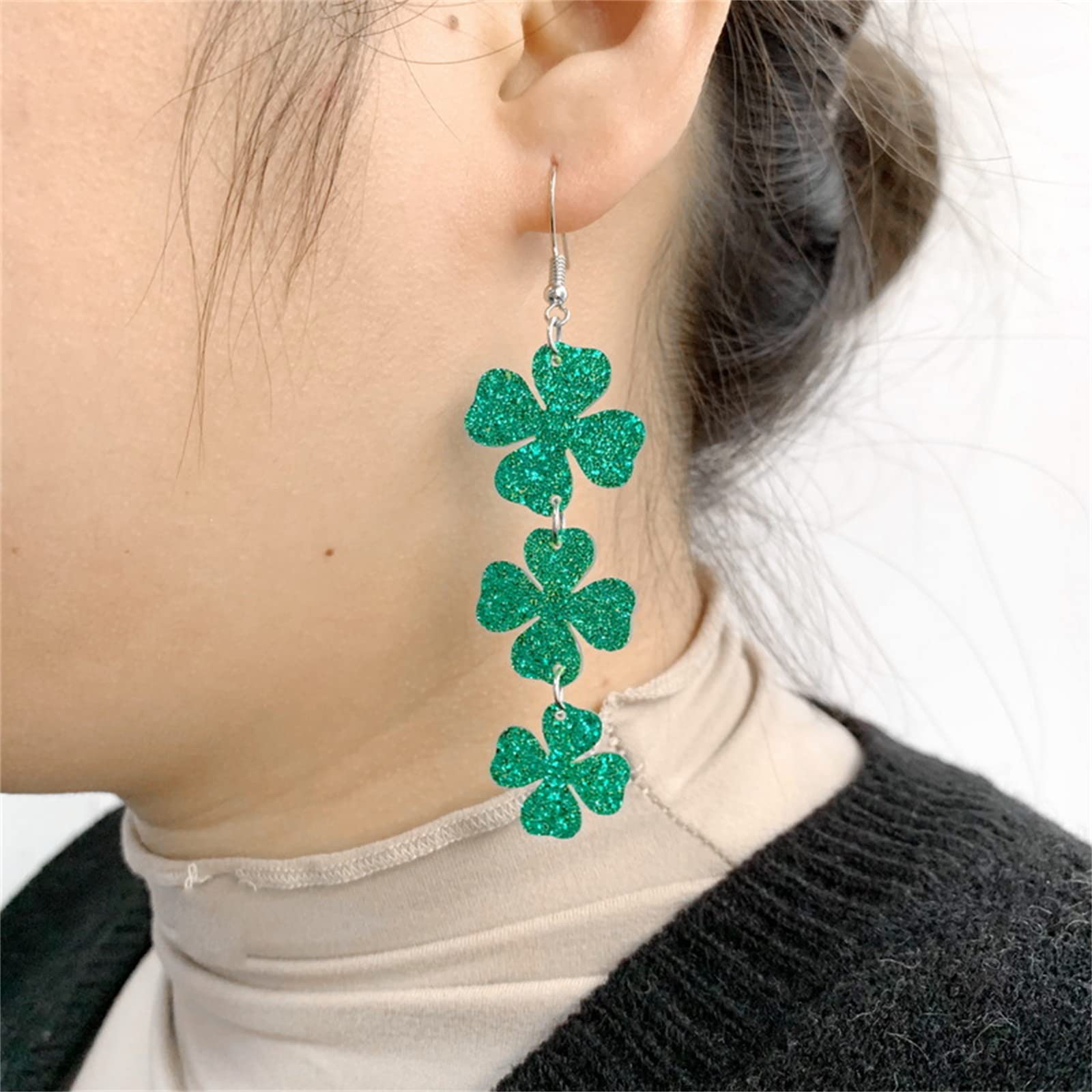 ONLYJUMP St. Patrick's Day Cute Cat Dog Earrings Acrylic Earrings Handmade Irish Shamrock Rainbow Green Clover Green Leaf Dangle Earrings for Women Good Lucky Jewelry Gift (Long Leaf)