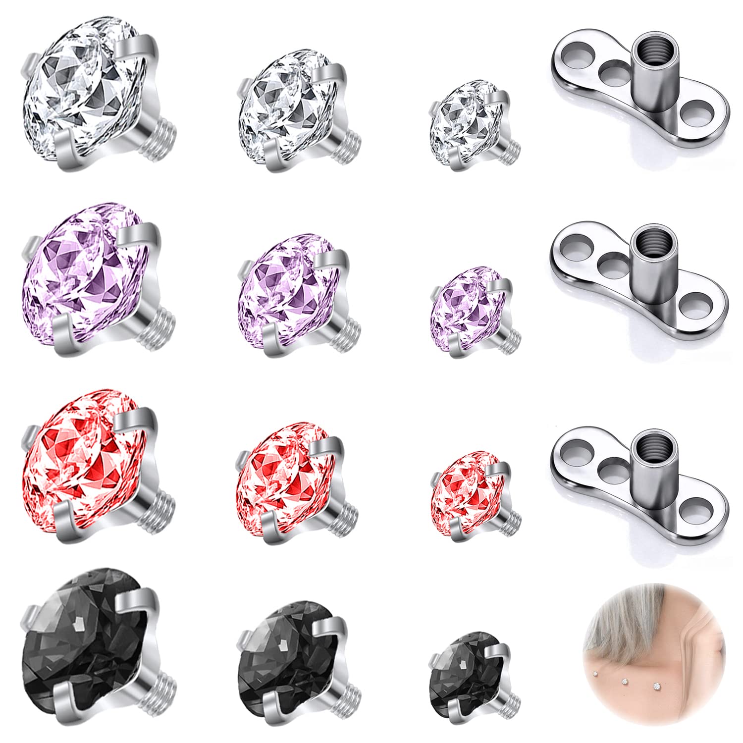 ZS 14-15Pcs Stainless Steel Dermal Piercing Jewelry 16G Diamond CZ Dermal Anchor Tops Skin Microdermal Piercing Jewelry for Men Women (B)