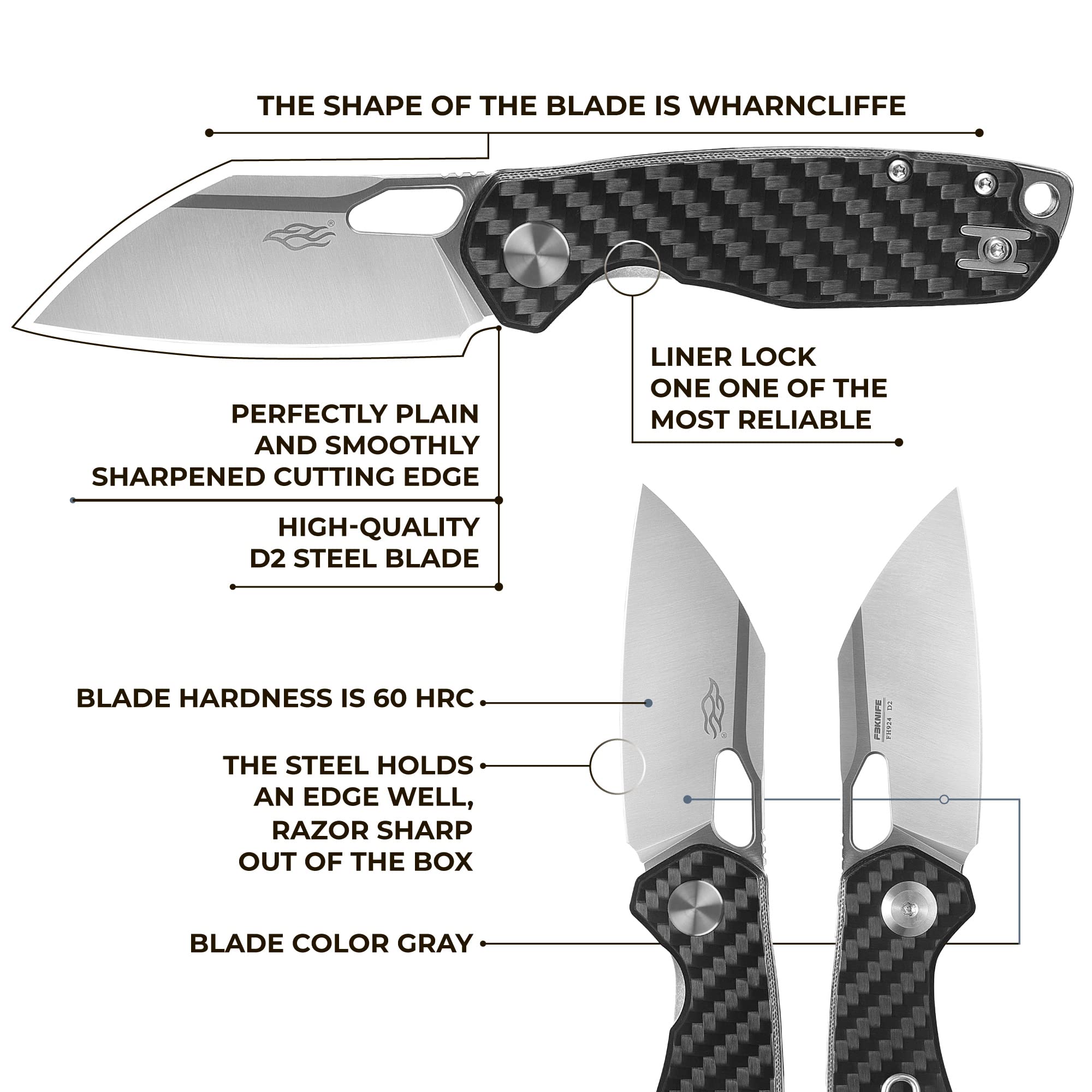 Firebird GANZO FH924-CF Ball Bearing Pocket Folding Knife Wharncliffe D2 Steel Blade G10 Anti-Slip Handle with Clip Camping Hunting Fishing Folder Outdoor EDC Pocket Knife (Carbon Fiber Black)