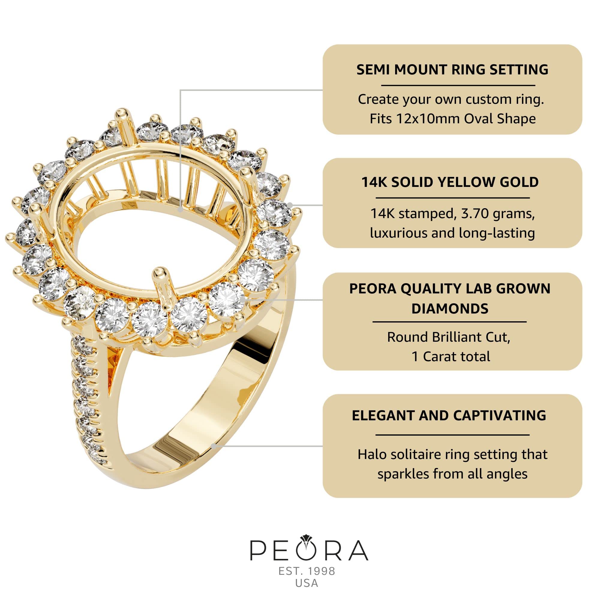 PEORA 1 Carat 14K Yellow Gold G-H/VS Lab Grown Diamond Semi Mount Ring Setting, Fits 12x10mm Oval Stone, Size 8, Semi Mount Wedding Engagement Ring Set