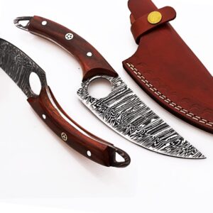 nice hand made high carbon steel filet/kitchen/skiner knife, hunting, hiking and for fishing with beautiful leather sheath. (black) (damascus)