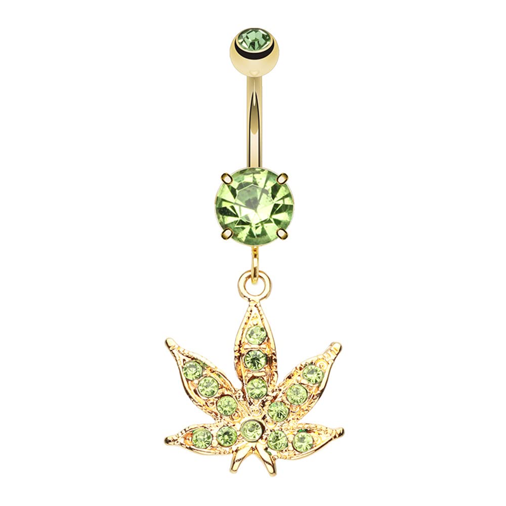 Pierced Owl 14GA Stainless Steel CZ Crystal Green Pot Leaf Dangling Belly Button Ring (Gold Tone/Light Green)