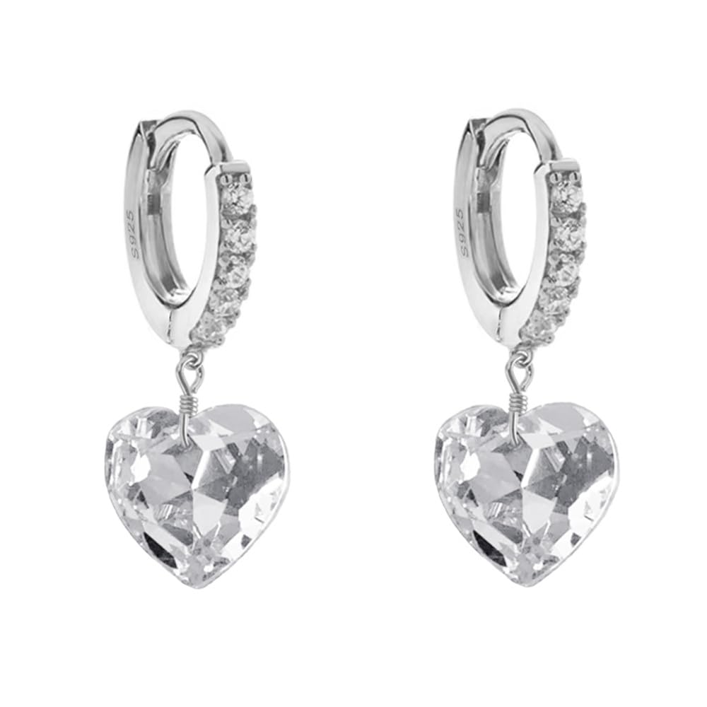 Huggie Crystal Heart Hoop Earrings for Women Girls 925 Sterling Silver CZ Charms Dangle Drop Small Hoops Cartilage Hypoallergenic Piercing Cuff Wrap Cute Birthday Valentine Mother's Day Jewelry Gifts for Her (Silver)