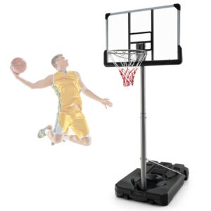 goplus portable basketball hoop outdoor, 64’’-79’’ poolside basketball goal height adjustable w/2 wheels, shatterproof board, fillable base, waterproof basketball stand for kids teenagers youth