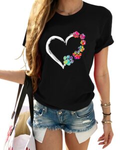 sunidol womens dog mom shirts cute dog paw print mother's day multicolor heart graphic short sleeve crewneck casual pullover tops black xxl