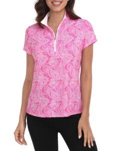 lrd women's golf polo shirts short sleeve tennis shirt upf 30 quarter zip up pink paisley/white - l