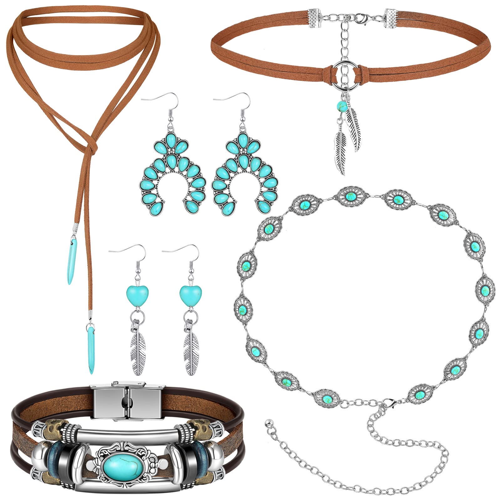 Geyoga 6 Pcs Western Jewelry for Women Bohemian Turquoise Pendant Choker Necklace Long Choker Dangle Earrings Boho Layered Bracelets Adjustable Cowgirl Chain Belt for Women