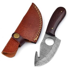 edc damascus – skinner knife - skinning knife with gut hook – gutting knife for deer – skinning knives for hunting deer with leather sheath 8” (black)”